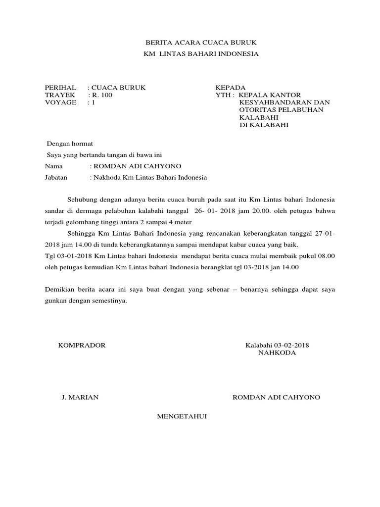 Berita Acara Cuaca Buruk | PDF