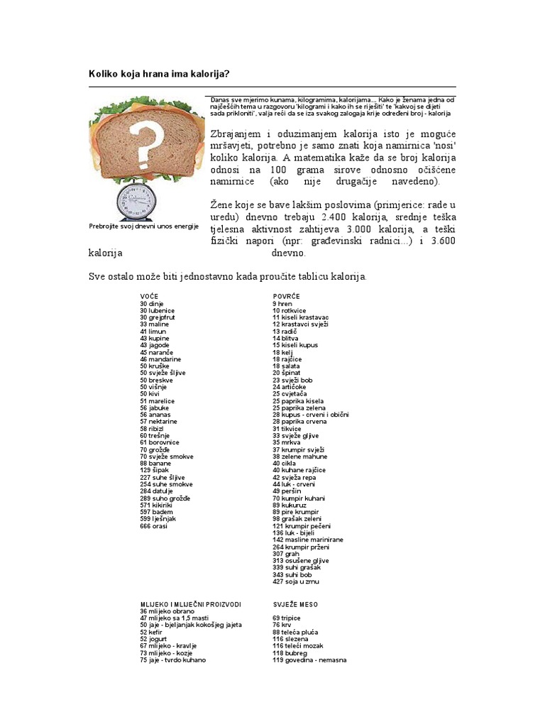Koliko Koja Hrana Ima Kalorija | PDF