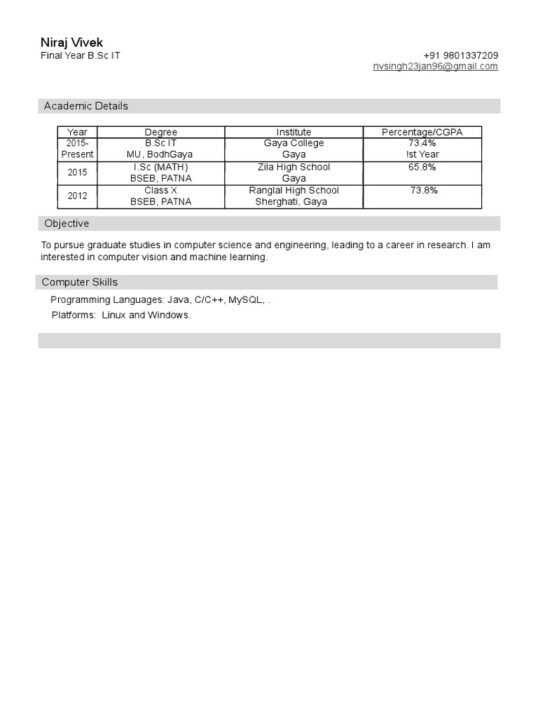 Niraj Vivek's IT Academic Profile | PDF | Computer Engineering ...