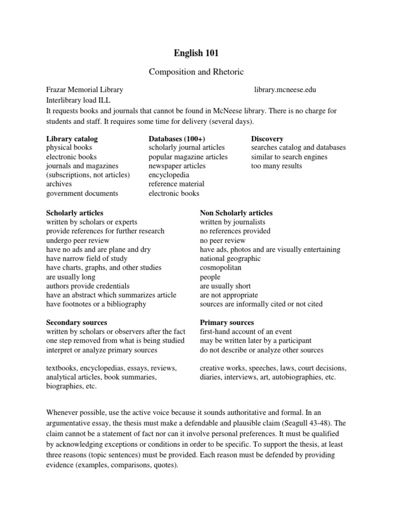Composition and Rhetoric: English 101 | PDF | Primary Sources ...