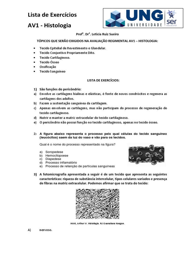 Exercícios de Histologia para AV1 | PDF | Cartilagem | Epitélio