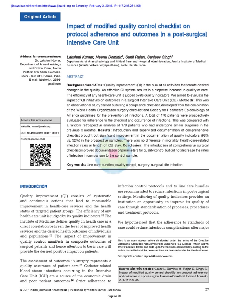 Quality Checklist | PDF | Surgery | Intensive Care Unit