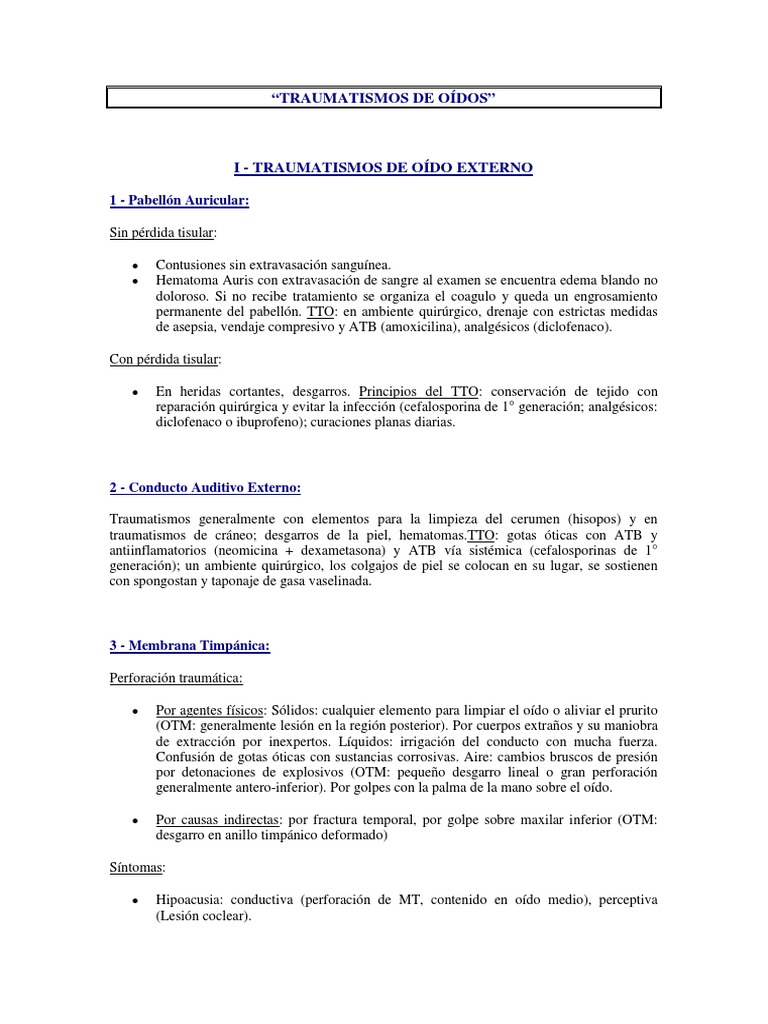Traumatismos en el oído: tipos y tratamientos | PDF | Oído | Lesión