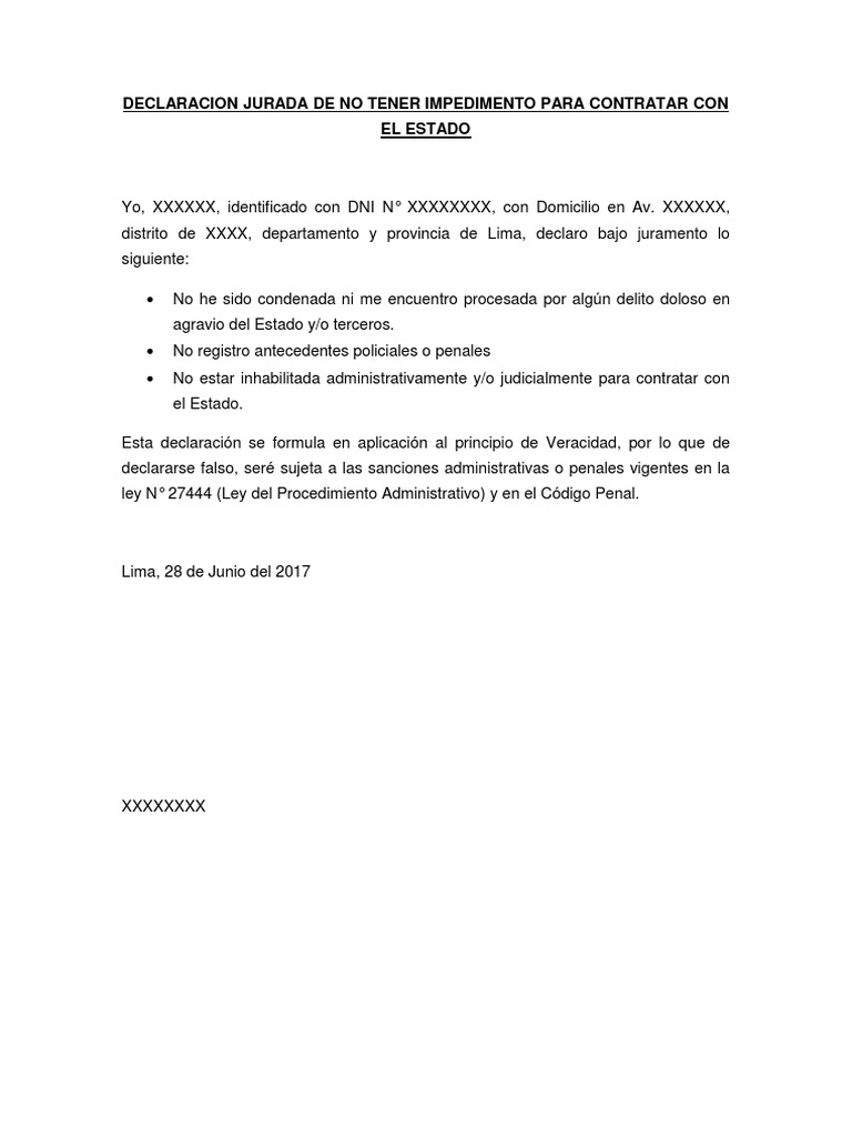 Declaración Jurada de No Tener Impedimento para Contratar Con El Estado | PDF | Derecho