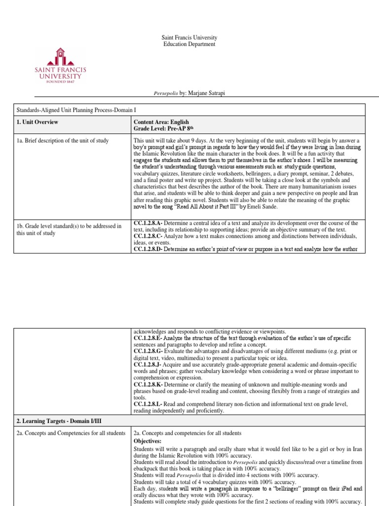 Persepolis - Unit Plan | PDF | Language Arts & Discipline