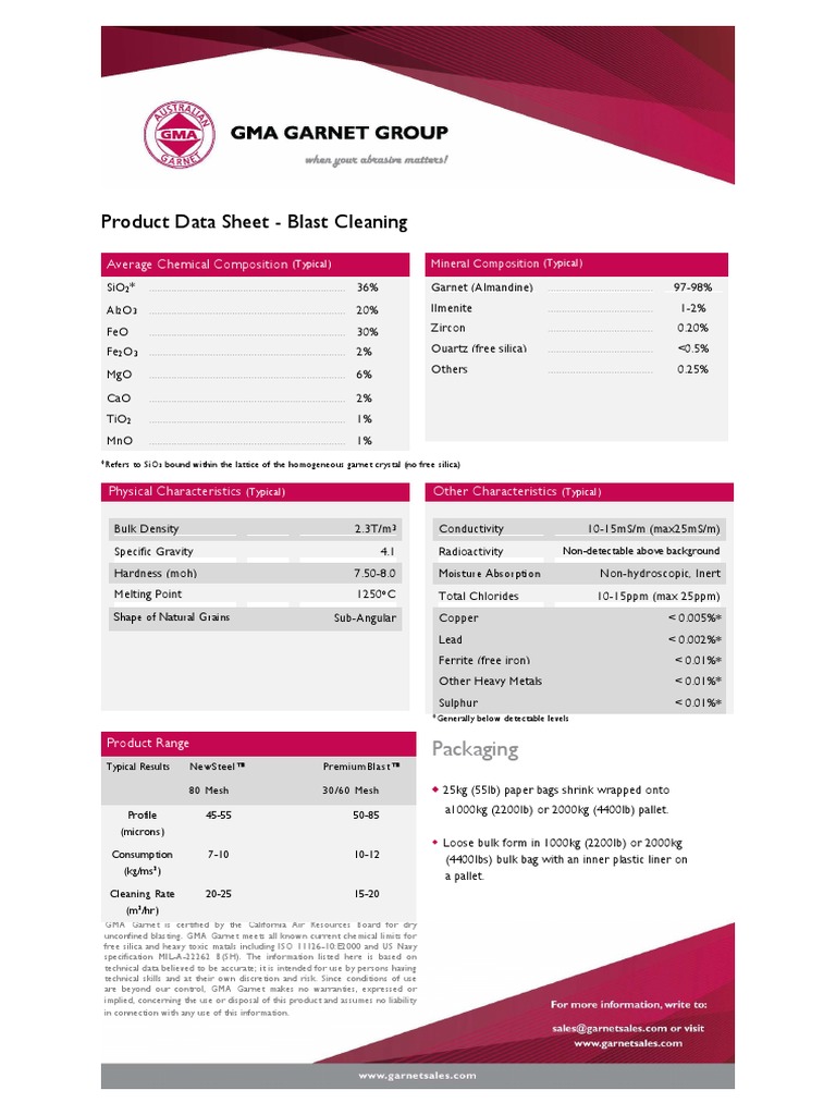 GMA Garnet Blast Cleaning Product Data Sheet | Silicon Dioxide | Metals