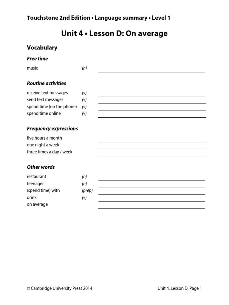 Unit 4 - Lesson D: On Average: Touchstone 2nd Edition - Language Summary - Level 1 | PDF ...