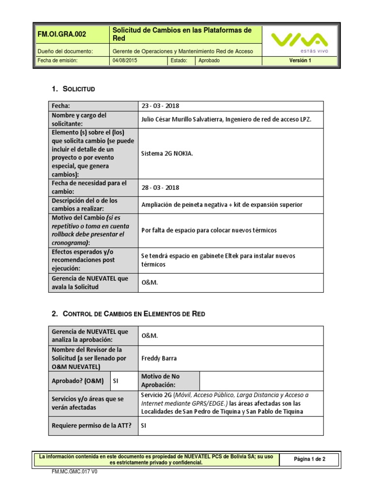 Solicitud de Cambios en Las Plataformas de LP1410 San Pedo de Tiquina ...