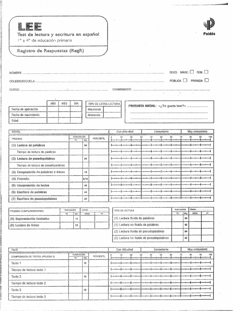 LEE Protocolo, Baremos y Registro de Respuestas | PDF