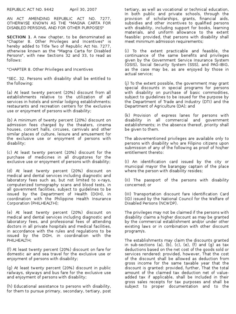 RA 9442 Magna Carta of Disabled Persons | PDF | Tax Deduction | Defamation