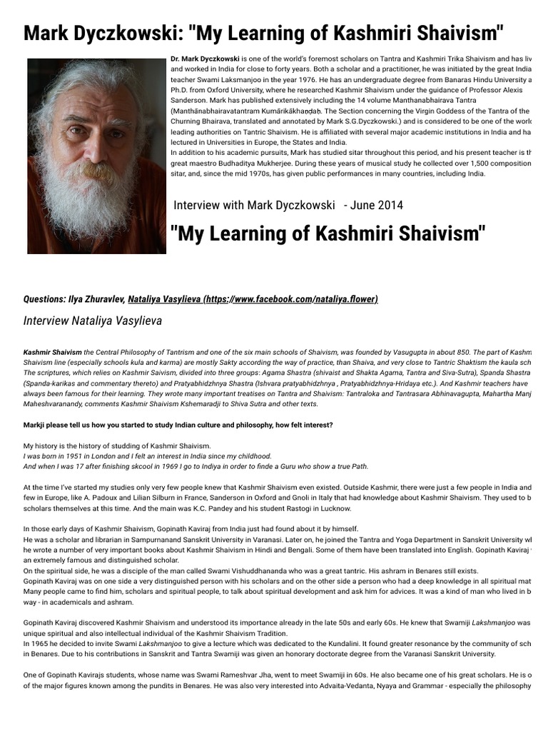 Mark Dyczkowski: "My Learning of Kashmiri Shaivism" - Drupal | PDF ...