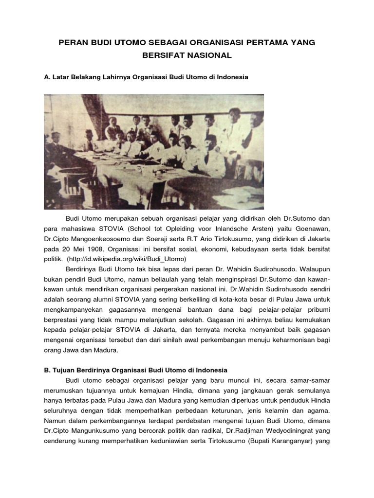 Peran Budi Utomo Sebagai Organisasi Pertama Yang Bersifat Nasional | PDF