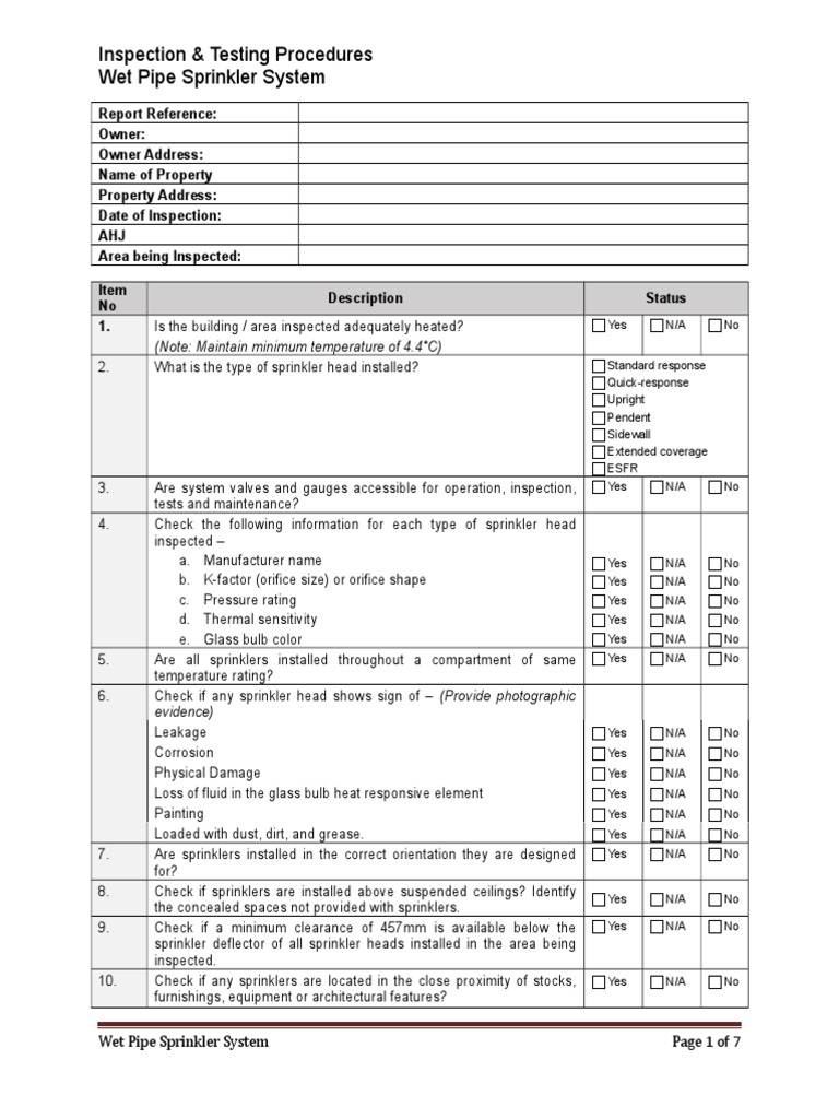 Sprinkler System Inspection Checklist | PDF | Fire Sprinkler System | Valve
