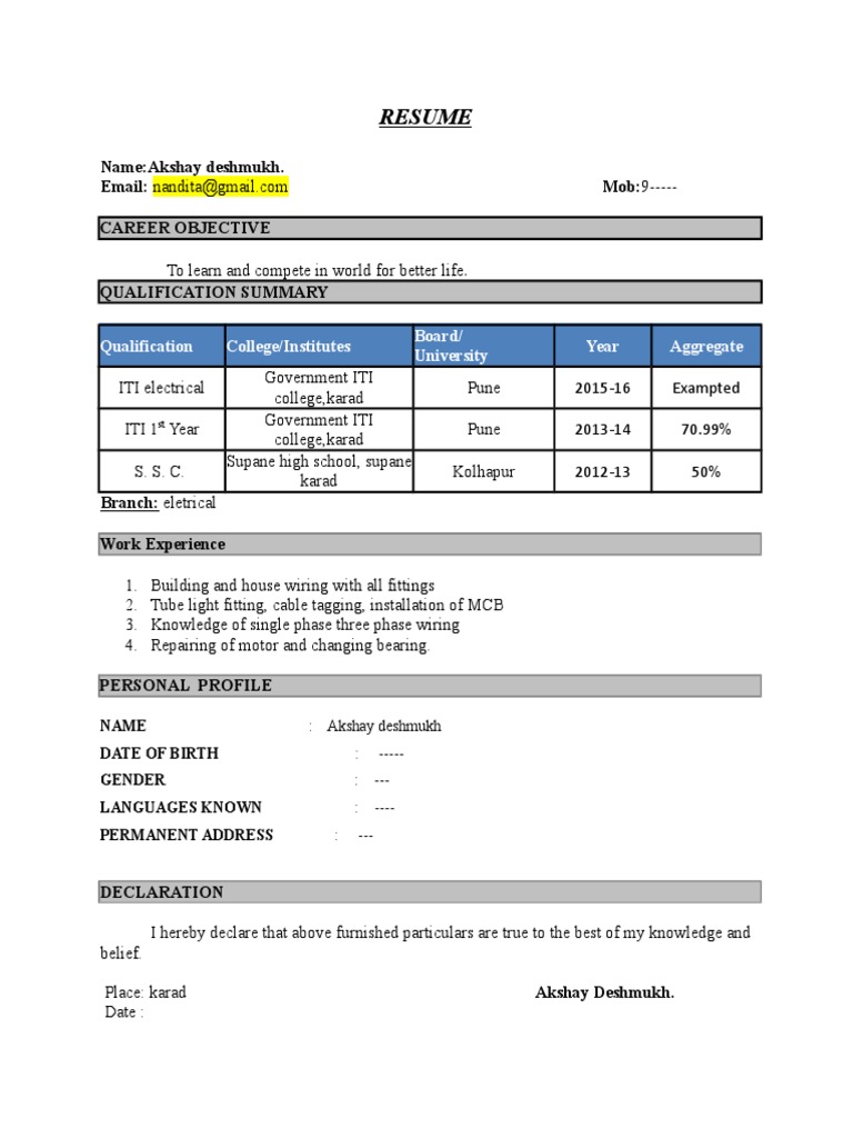 Fresher Resume Format | PDF