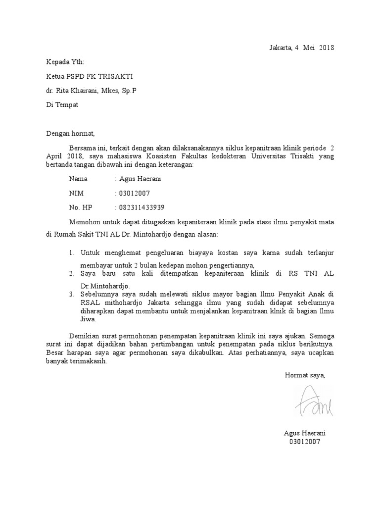 Surat Permohonan Penempatan Koas Roni | PDF