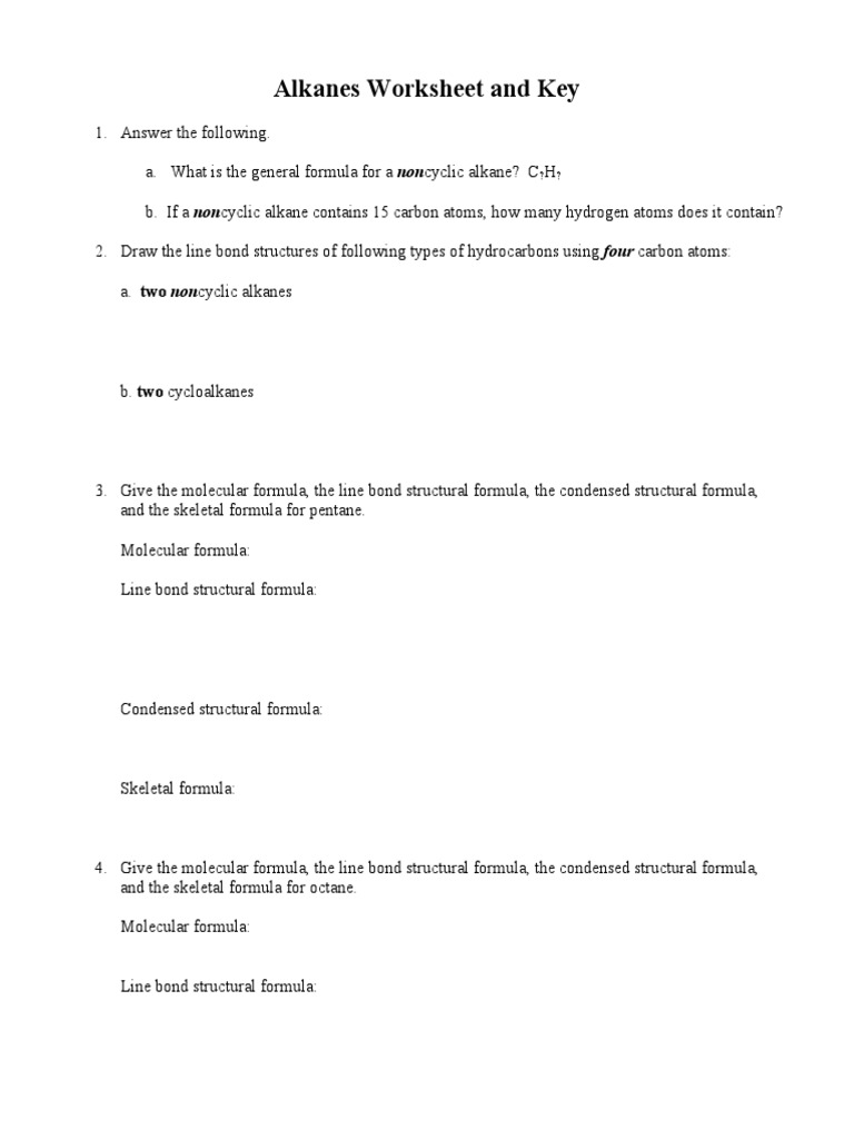 Alkanes Worksheet and Key Guide | PDF | Alkane | Molecules
