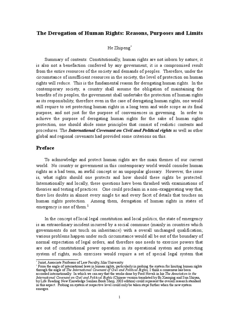 The Derogation of Human Rights | PDF | European Convention On Human ...