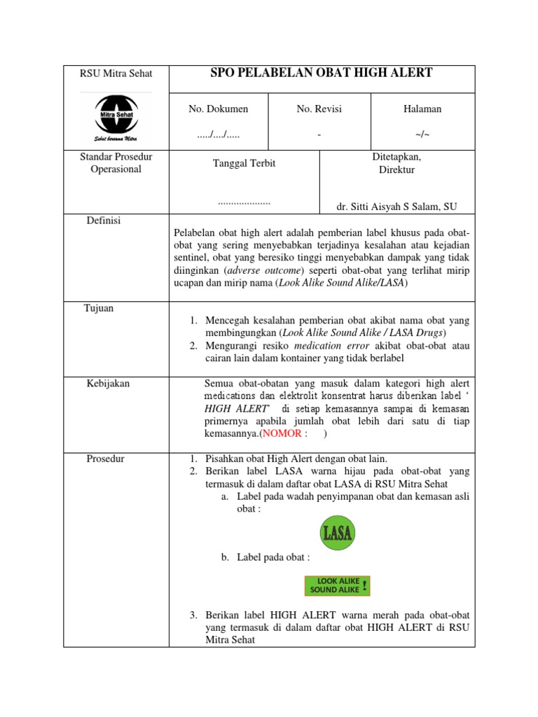 Spo Pelabelan Obat High Alert | PDF