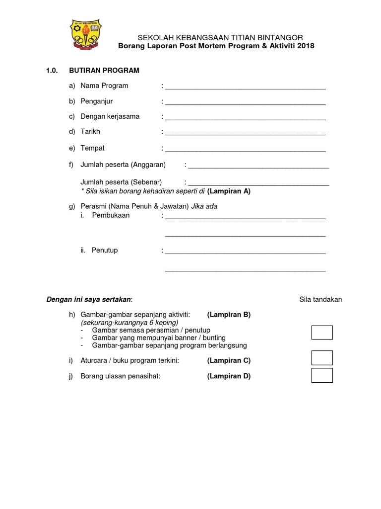 Borang Laporan Post Mortem Program & Aktiviti SKTB 2018 | PDF