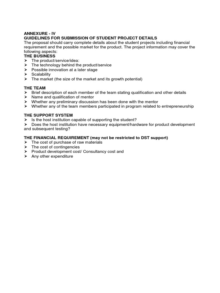 Annexure - Iv Guidelines For Submission of Student Project Details ...