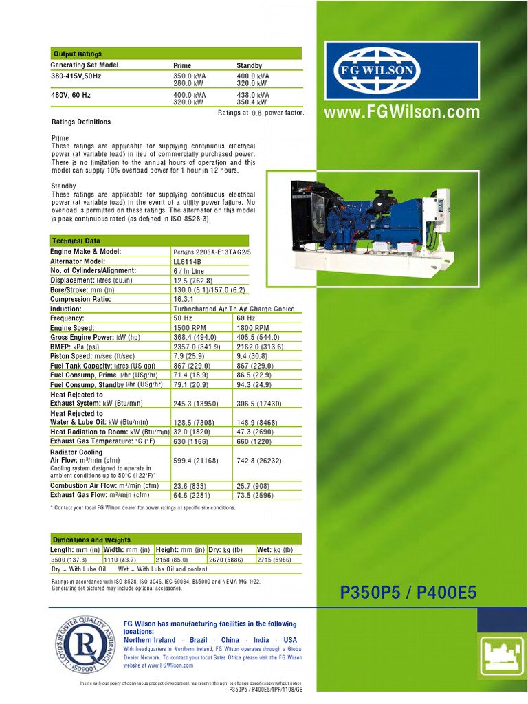 FG Wilson P400E5 Generator Specifications | PDF | Machines | Vehicle ...