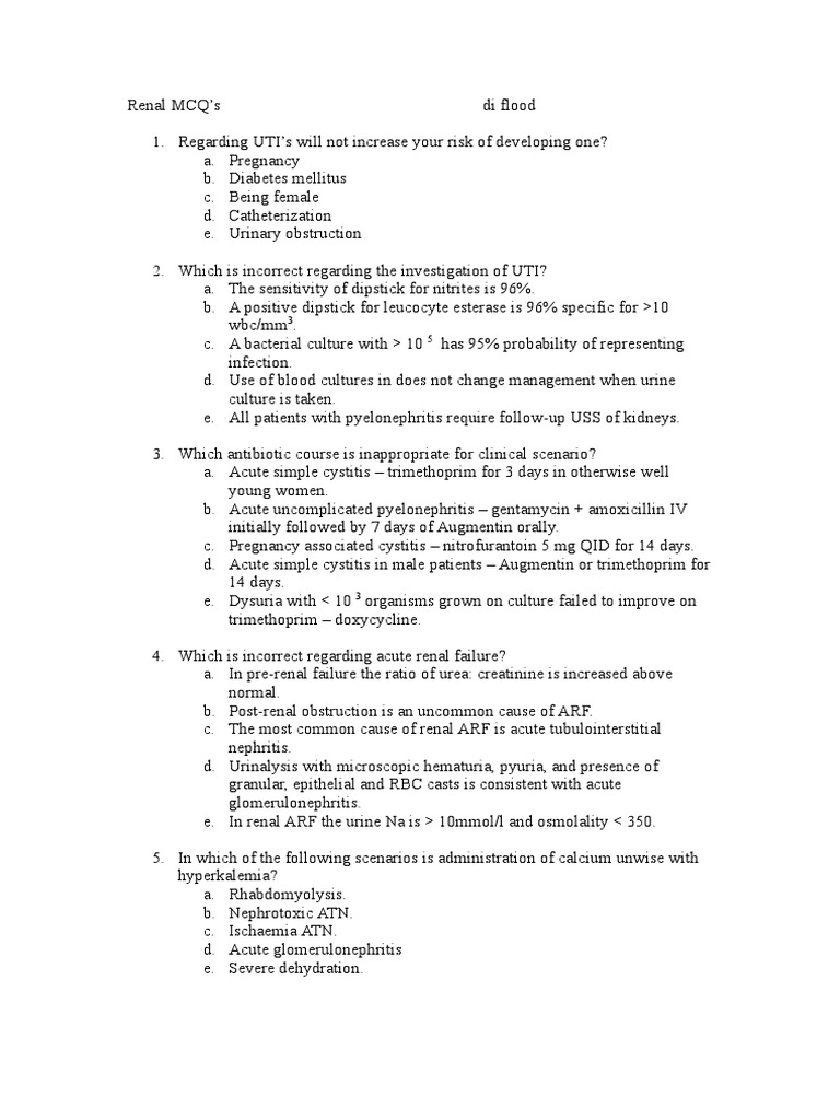Renal MCQ Guide | PDF | Urinary Tract Infection | Kidney Disease