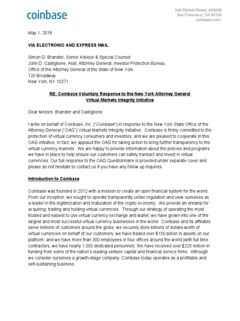 Coinbase NYAG Signed Cover Letter - May 1 2018 | PDF | Law Enforcement Agency | Computer Security