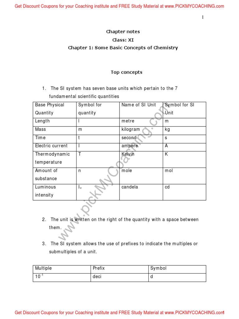 Chapter Notes Class: XI Chapter 1: Some Basic Concepts of Chemistry ...