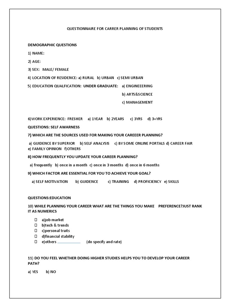 Student Career Planning Questionnaire | PDF | Questionnaire | Behavior ...