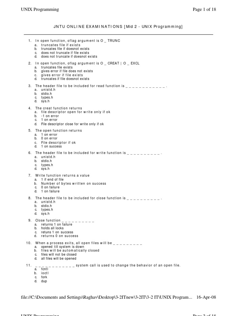 Page 1 of 18 UNIX Programming | PDF | C (Programming Language ...