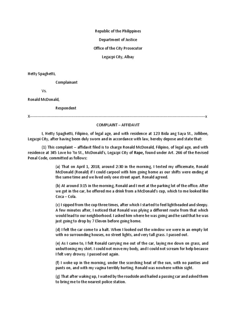 Sample Complaint Rape | Criminal Law | Crime & Violence