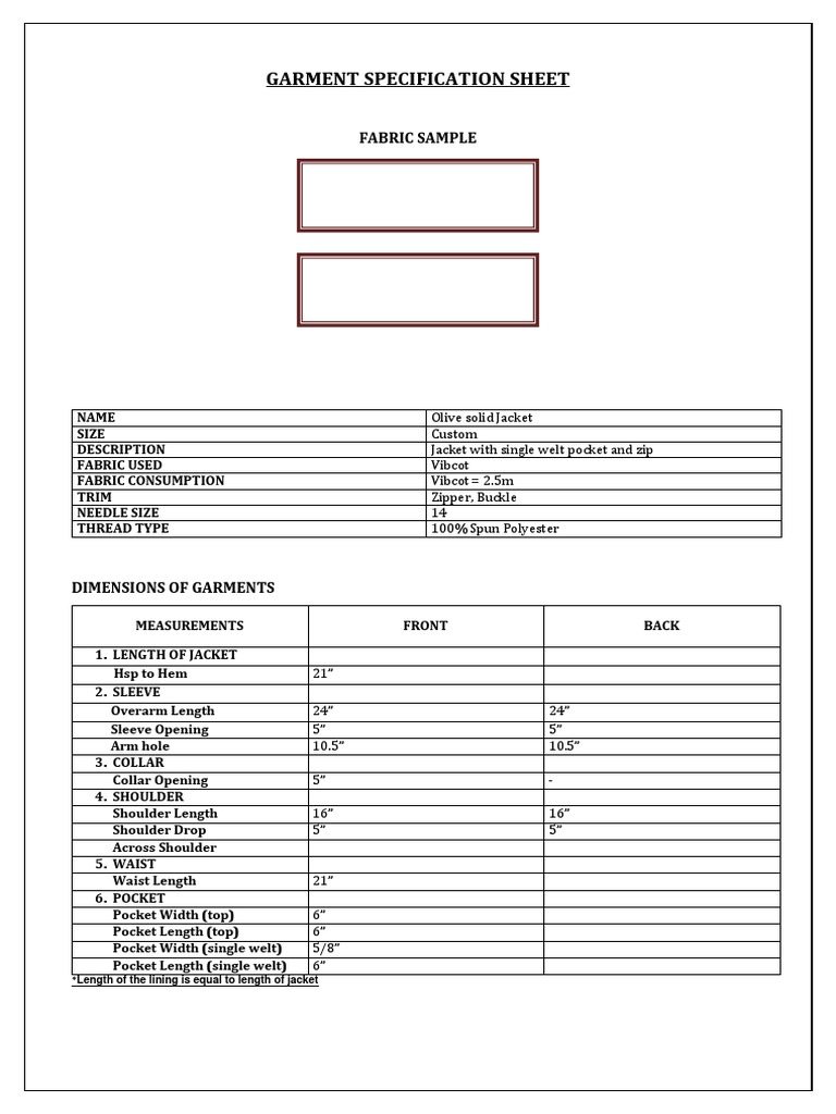 Garment Specification Sheet: Fabric Sample | PDF