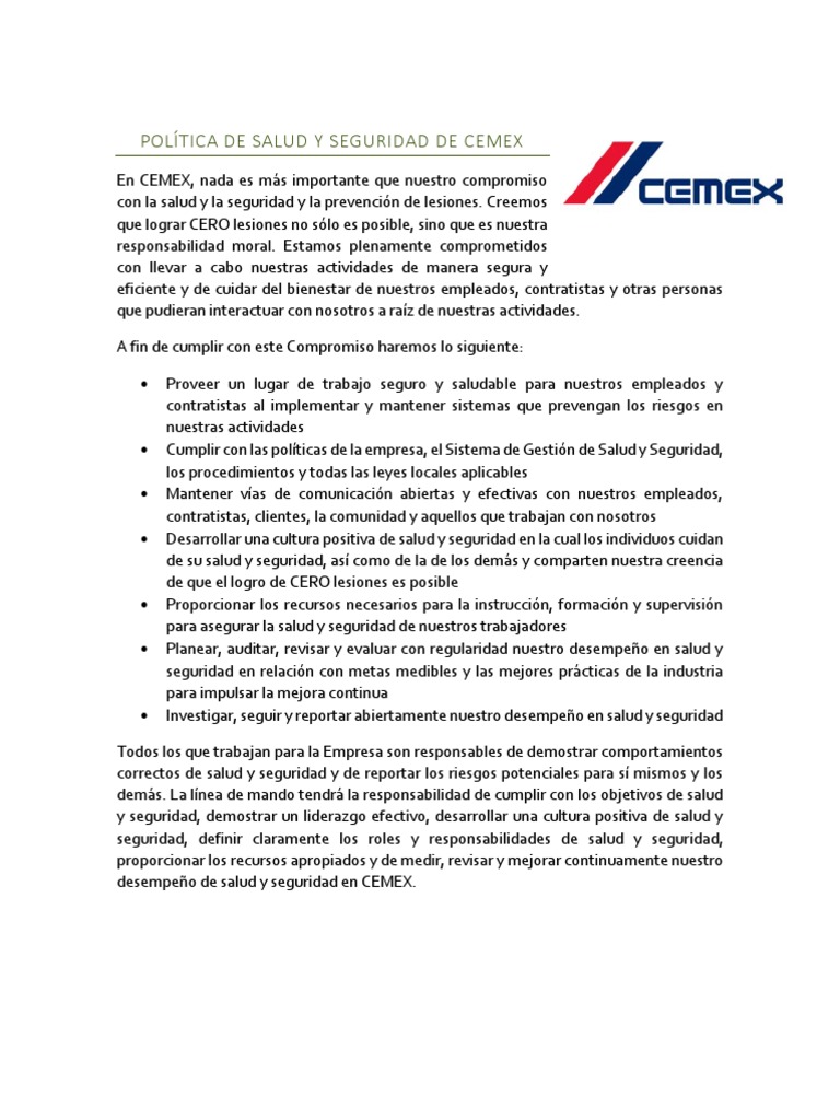 Política de Salud y Seguridad de Cemex | PDF