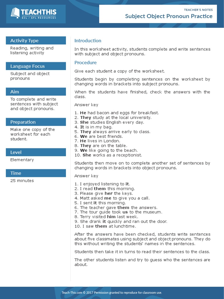 Subject Object Pronoun Practice | PDF | English As A Second Or Foreign ...