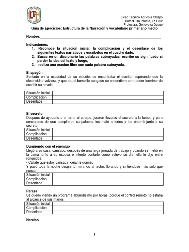 Guía de Ejercicios Narrativa 1 | PDF | Amor