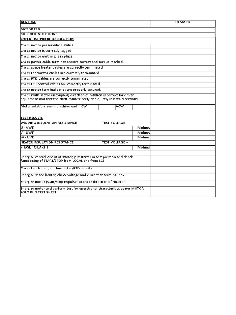 Pre-Check List For Motor Solo Run | PDF | Physical Quantities ...