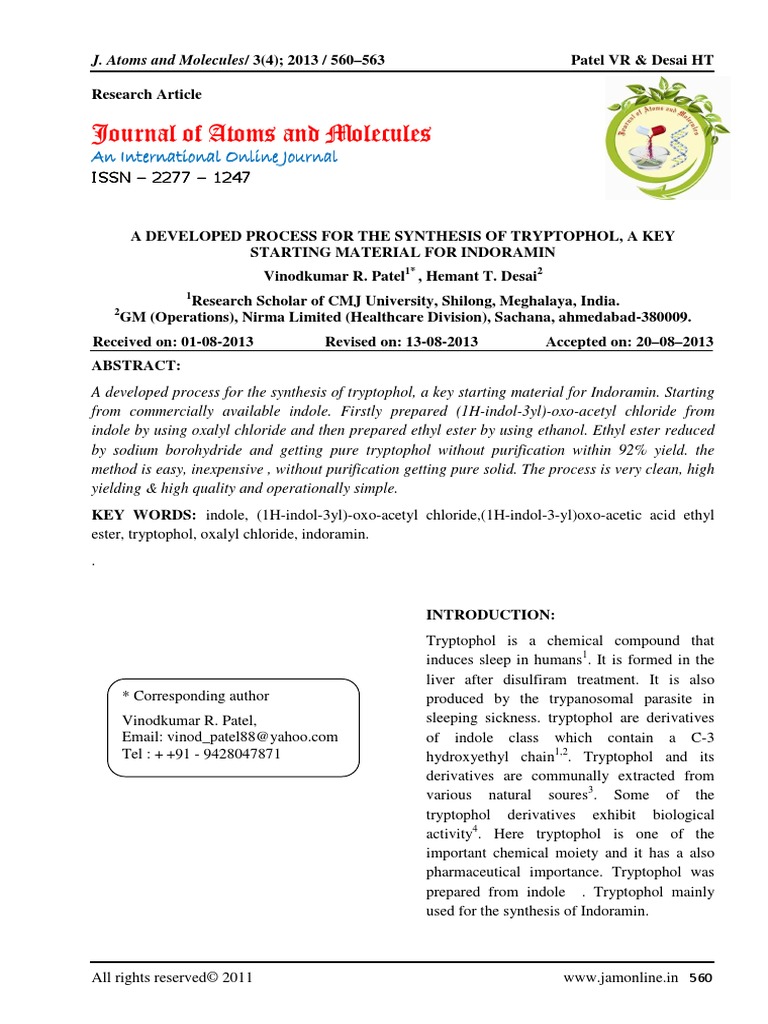 A Developed Process For The Synthesis of Tryptophol A Key Starting ...