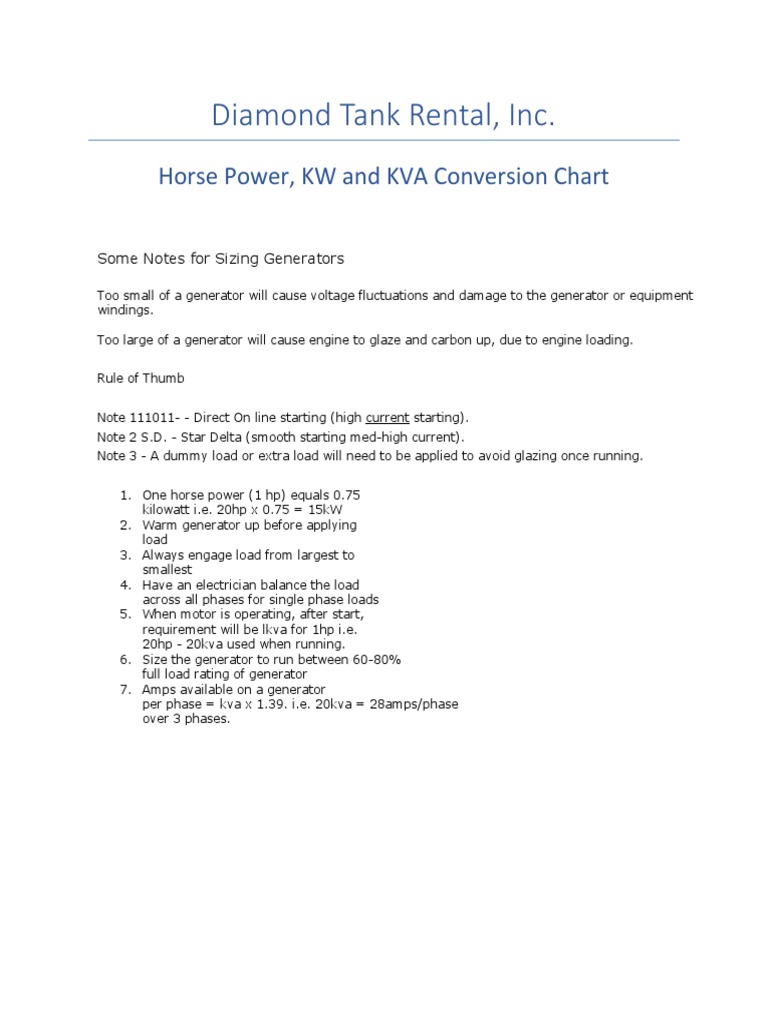 Horse Power KW and KVA Conversion Chart | PDF | Horsepower | Electric ...