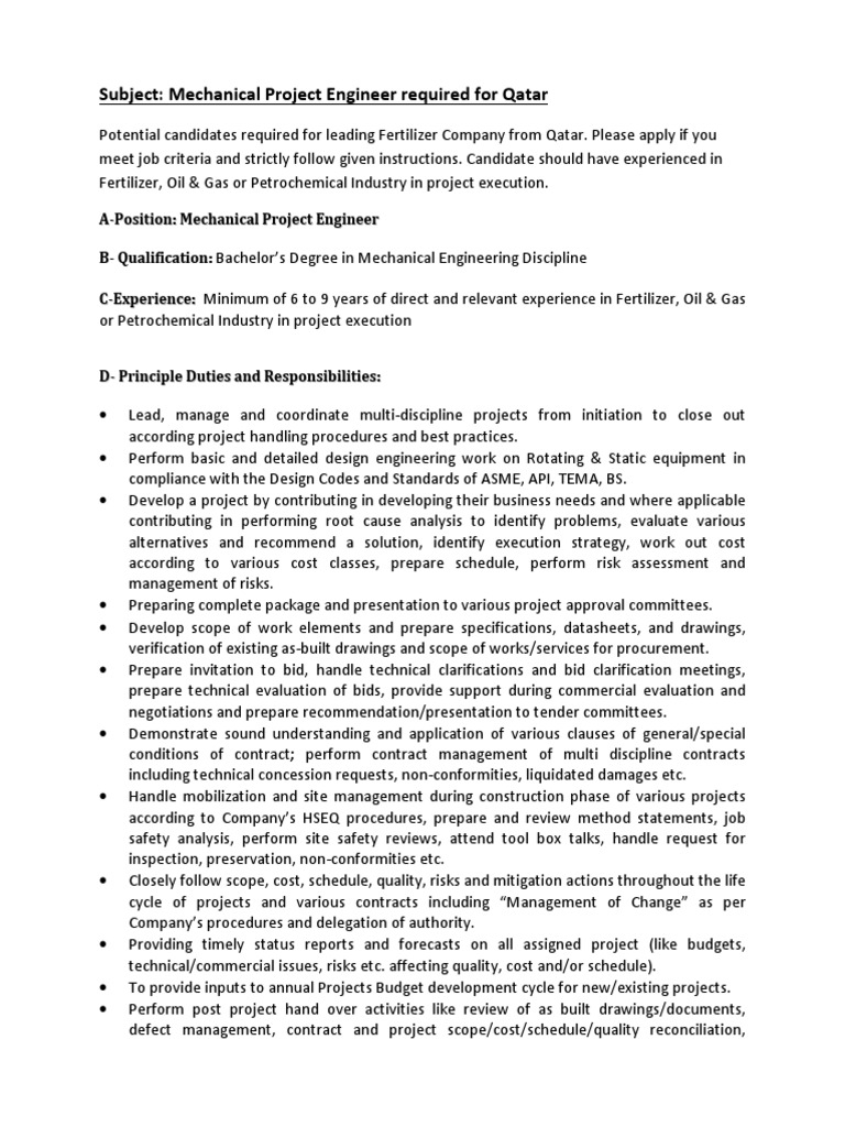Mechanical Project Engineer Needed in Qatar | PDF | Mechanical ...
