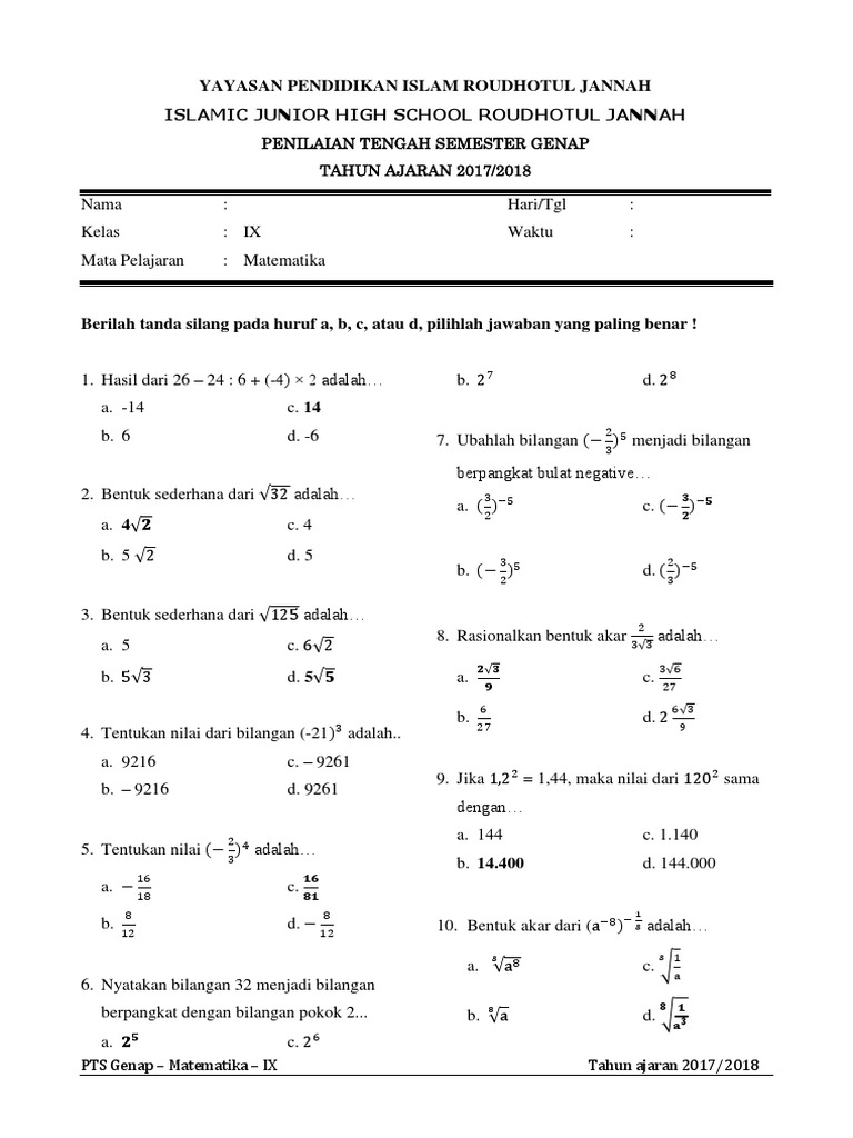 Soal Uts MTK Kls 9 | PDF