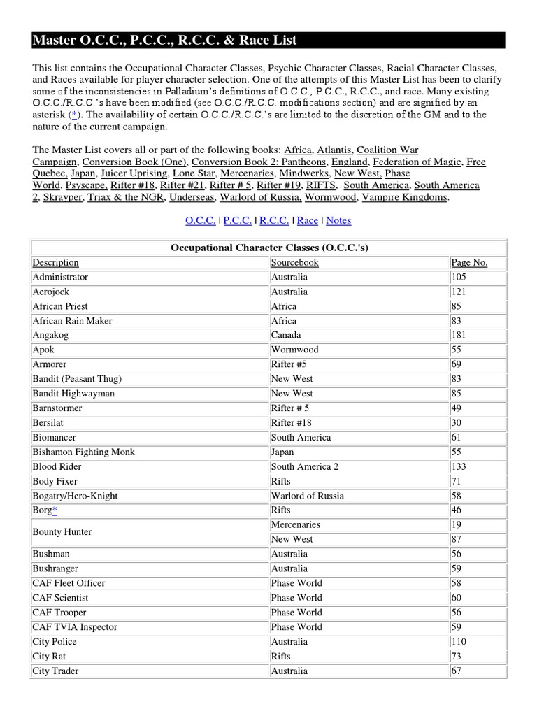 Rifts - Master O.C.C., P.C.C., R.C.C. & Race List | PDF | Race (Human ...