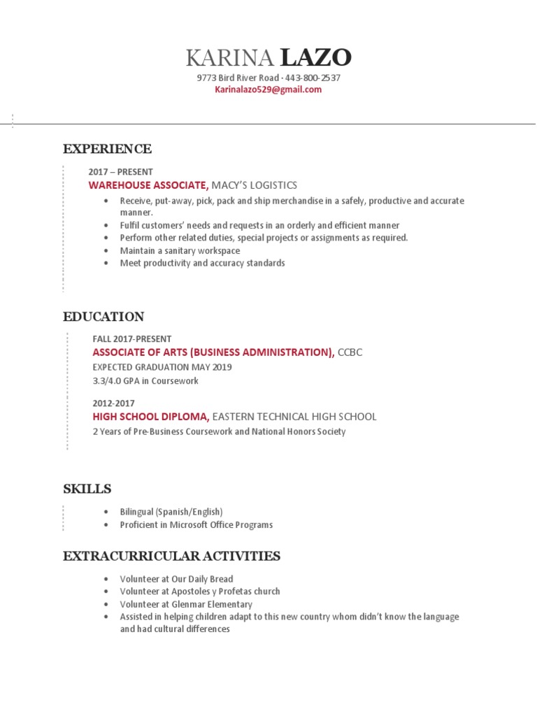 Warehouse Associate Resume - Karina Lazo | PDF