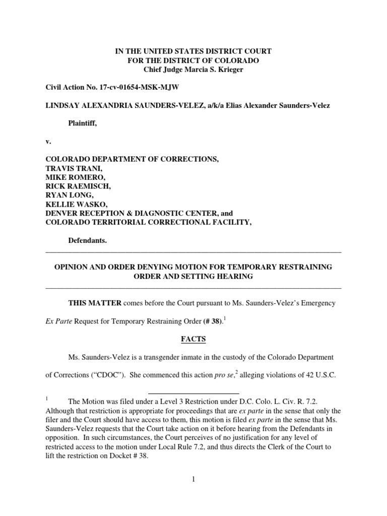 Lindsay Saunders-Velez v. Colorado Department of Corrections, Et. Al ...