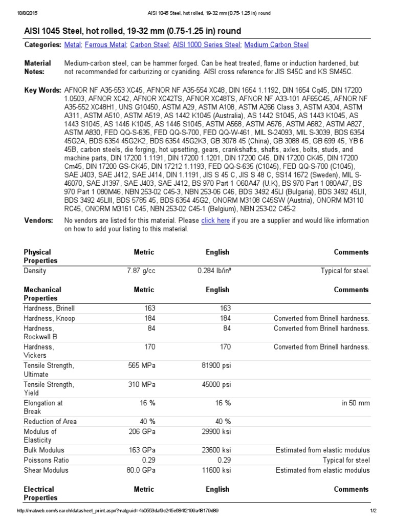 AISI 1045 Steel, hot rolled, 19-32 mm (0.75-1.25 in) round: Physical ...