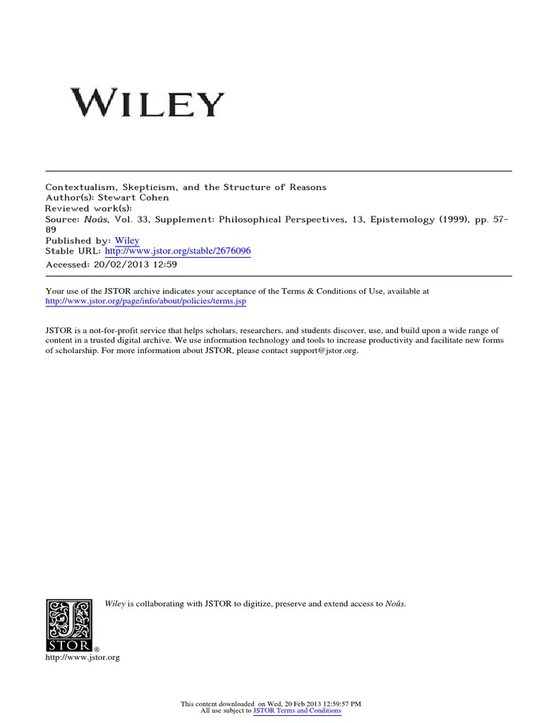 COHEN. Contextualism, Skepticism, and The Structure of Reasons PDF ...