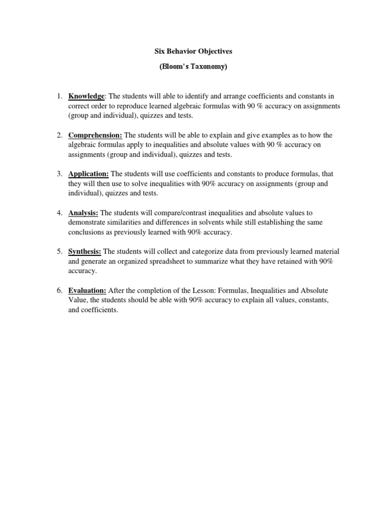 Six Behavior Objectives (Bloom's Taxonomy) | PDF | Teaching Methods ...