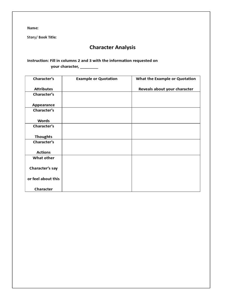 Character Analysis: Name: Story/ Book Title | PDF