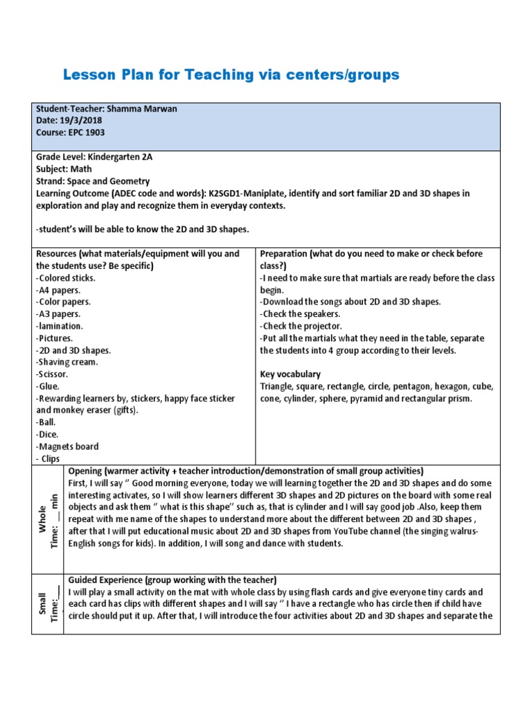 Lesson Plan For Teaching Via Centers | PDF | Shape | Lesson Plan