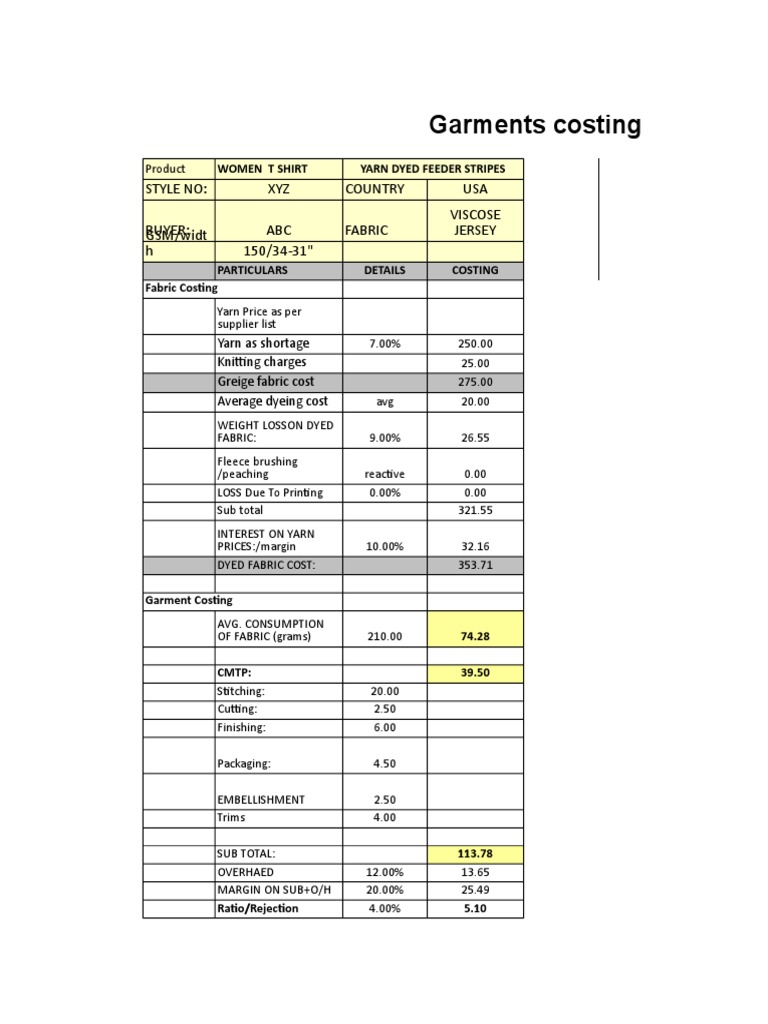 Garment Costing Sheet | PDF | Textiles | Yarn