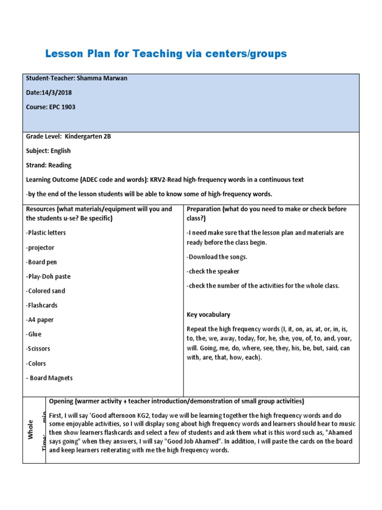Lesson Plan For Teaching Via Centers/groups | PDF | Lesson Plan | Change